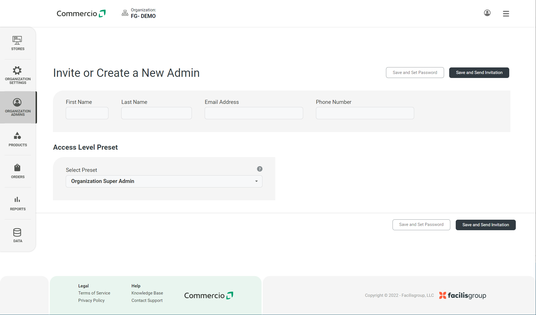 Org Level > Org Admins > Invite or Create a New Admin – Commercio Orders Support