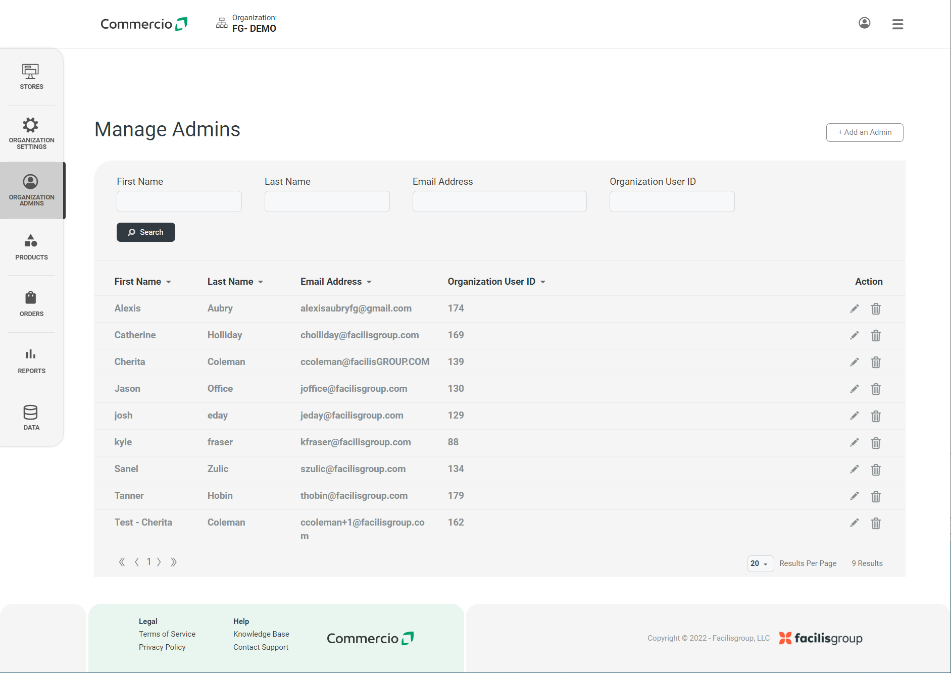 Org Level > Org Admins > Manage Admins – Commercio Orders Support