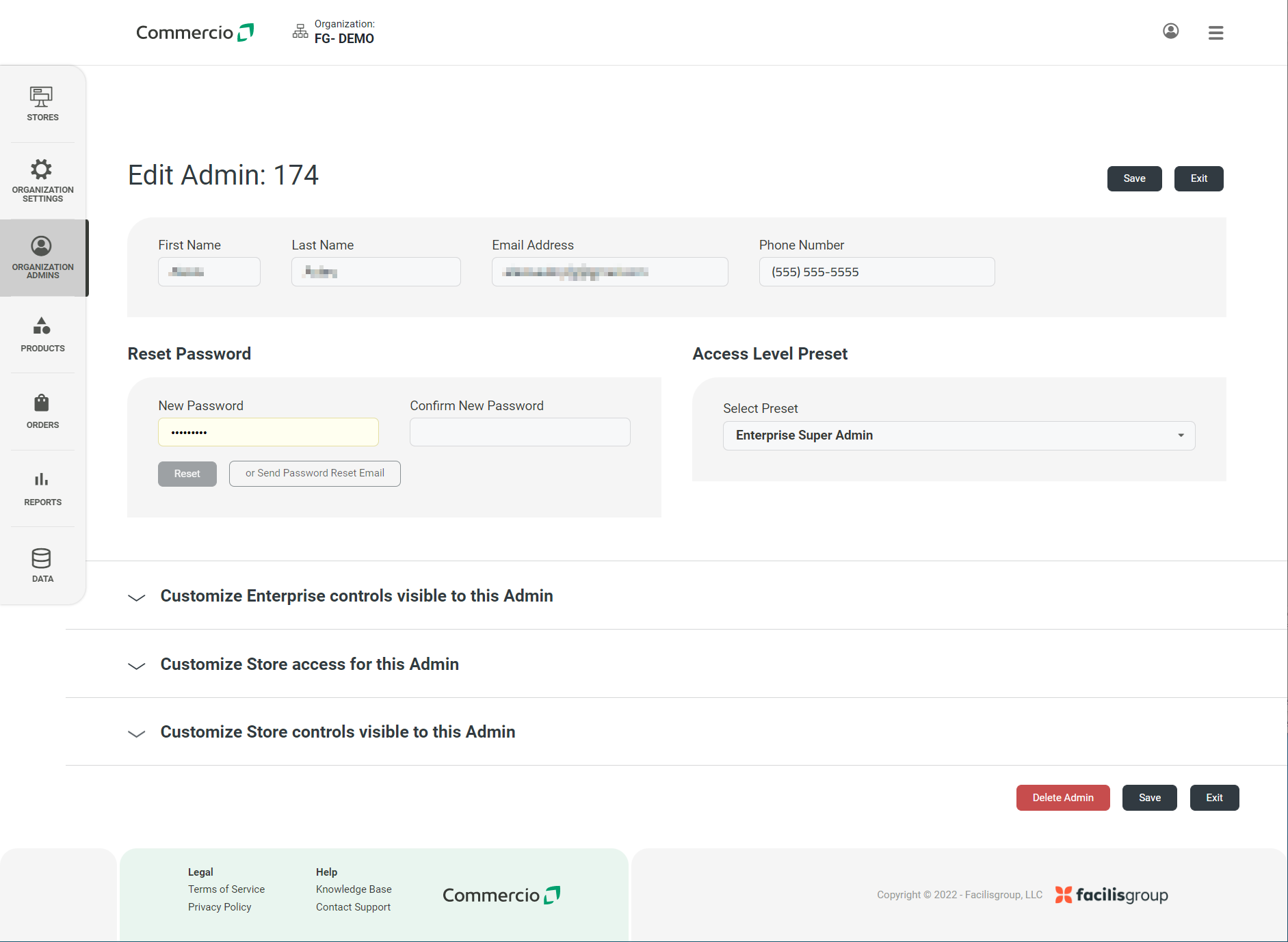 Org Level > Org Admins > Manage Admins – Commercio Orders Support