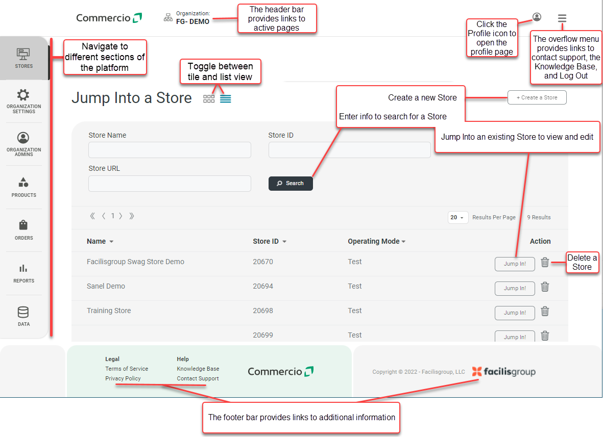 Company Stores Main Screen – Commercio Orders Support
